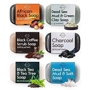 O Naturals 6 PCS Black Soap - Women & Men's Bar Soap, Men's Soap Bar, African Black Soap w/Moisturizing Shea Butter, Charcoal Soap Helps Acne Prone Skin, Organic & Natural Soap for Men & Women, 4oz