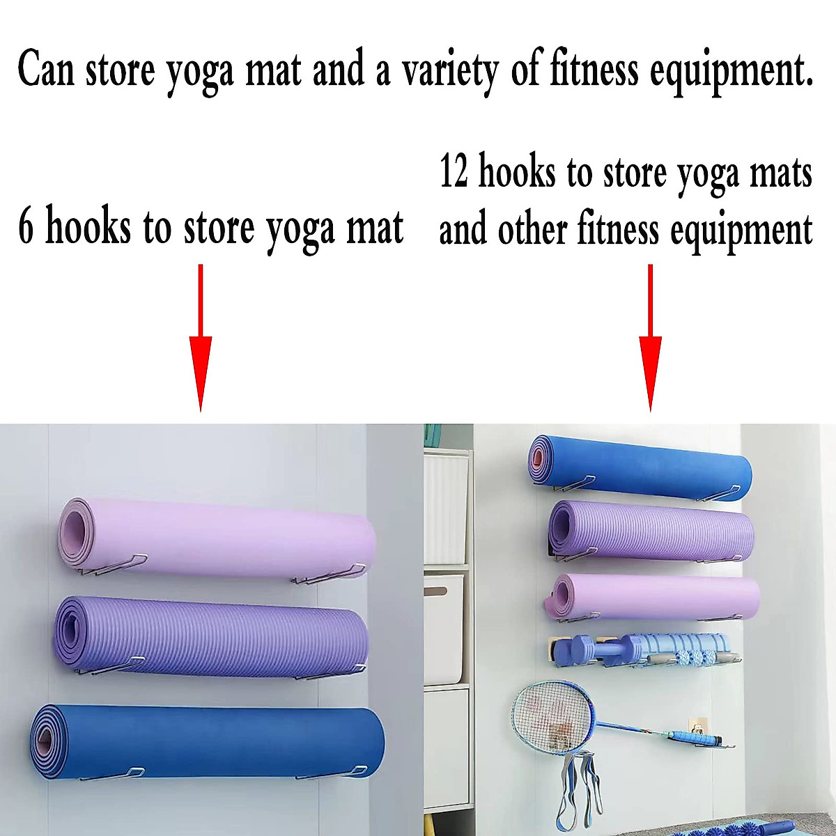 Locci Yoga Mat Holder, Yoga Mat Holder Wall Mount, Home Gym Storage 6 PCS Wall Rack Organizer (Rainbow)