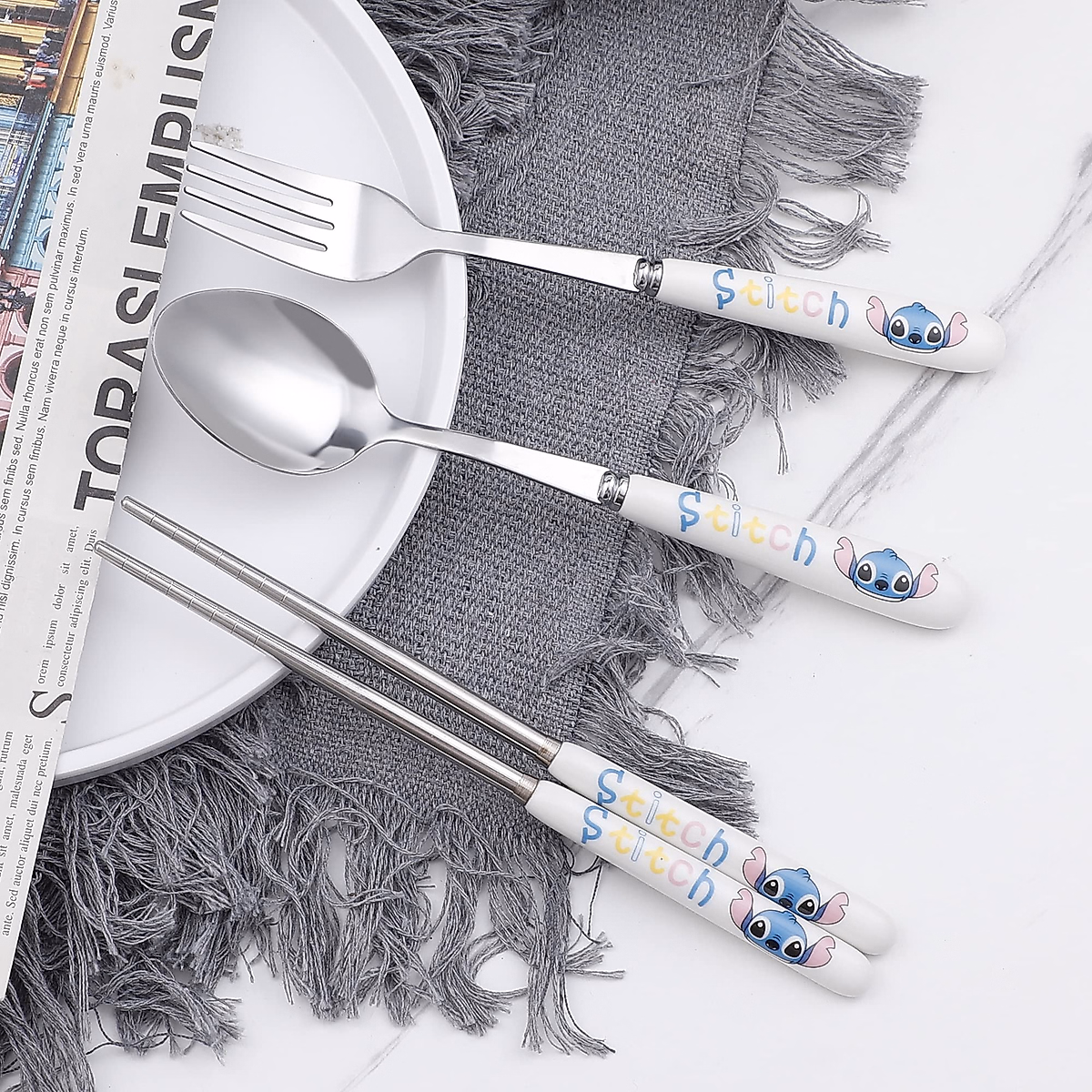 CNEISEJK Cartoon Stitch Print Portable Utensils with Case Ohana Stitch Reusable Flatware Set Chopsticks Fork Spoon Set for Travel Picnic (Stainless Steel), Middle, Blue
