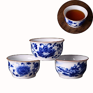 Woonsoon Chinese Handmade Kungfu Tea Cup 60 ml,Bone China Blue and White Tea Cups Set of 3,Ceramic Tea Mugs Without Handles,Best Gift