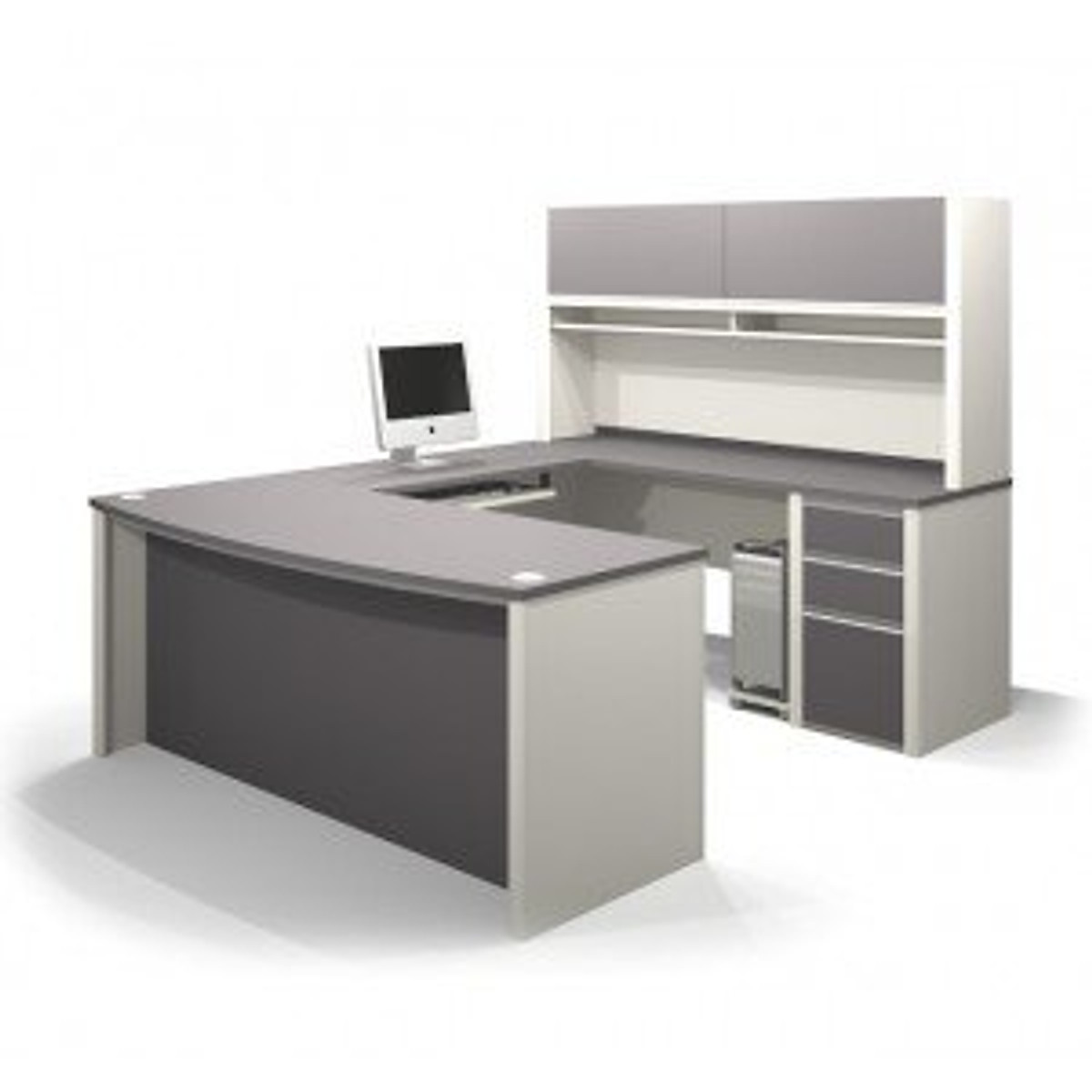 Bestar Connexion U-Shaped Executive Desk with Lateral File Cabinet and Hutch, 72W, Slate/Sandstone