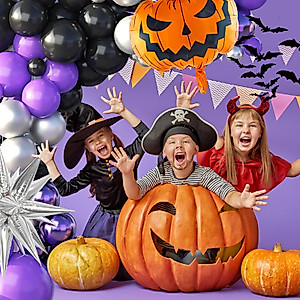 156Pcs Halloween Balloons Arch Garland Kit, Halloween Birthday Party Decoration with Purple Silver Pumpkin Balloon Spider Web Bat Decoration for Halloween Baby Shower Scary Halloween Decoration