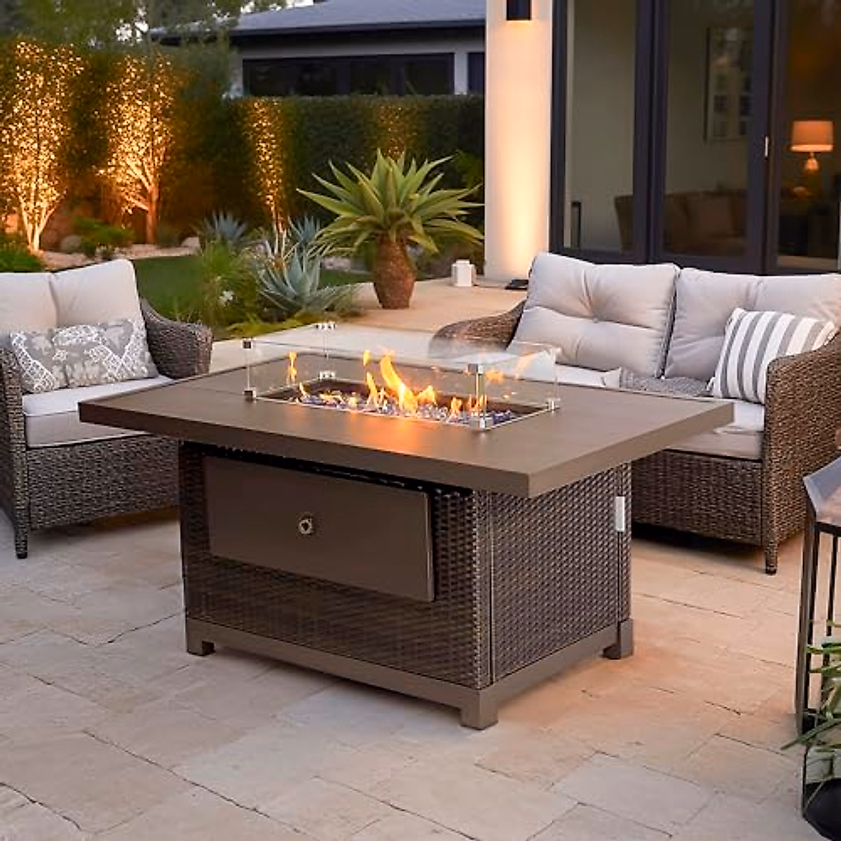 Kinger Home Novi Rattan 52-Inch Outdoor Patio Propane Gas Fire Pit Table, CSA Certified 50,000 BTU Firepit, Brown Aluminum Frame
