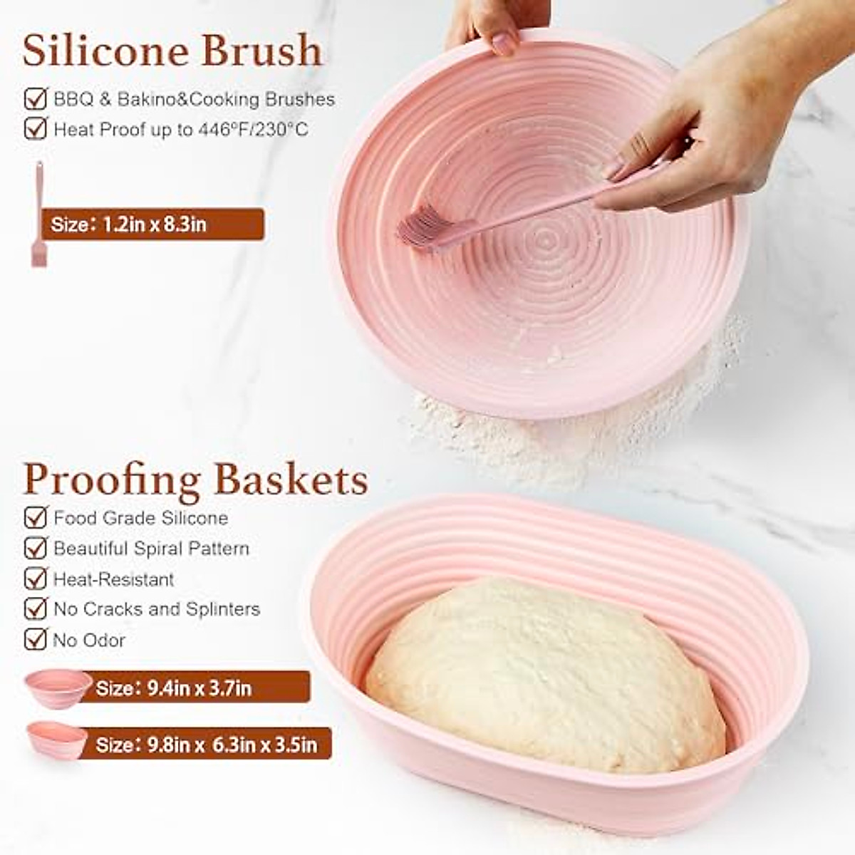 MaMix Banneton Bread Proofing Basket Set of 2, Silicone Sourdough Bread Baking Supplies, 9 inch Round & 10 Oval Sourdough Starter Kit Includes Essential Tools, Easy to Clean and Use (pink)