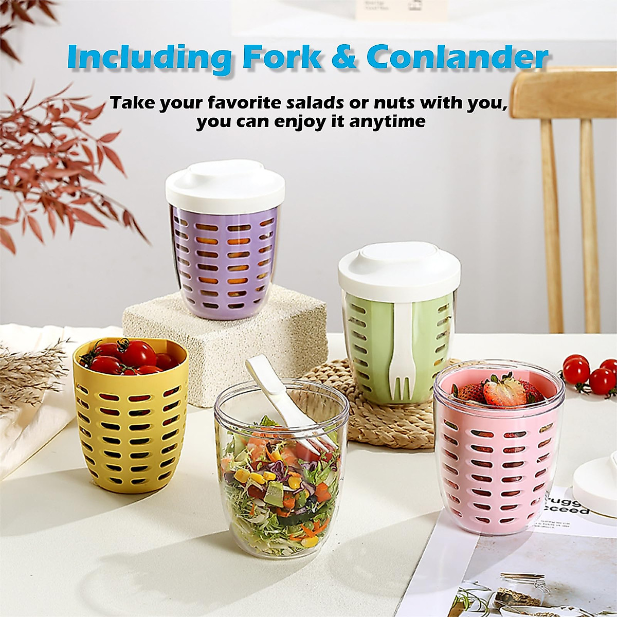 daasigwaa Fresh Fruit Salad Storage Cup To Go With Lids, Fork & Drain Baskets, Reusable Leakproof Food Storage Containers With Removable Colander Keep Fruits, vegetables Fresh Longer, 22 oz(Pink)