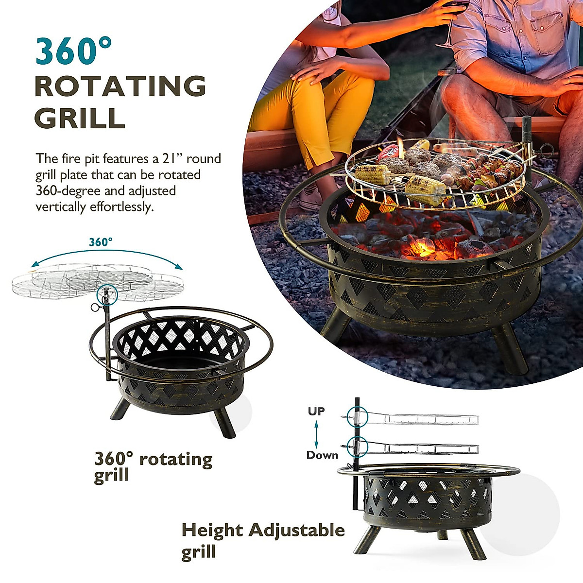 Breezestival 30 inch Fire Pits for Outside with Grill Outdoor Wood Burning with Removable Cooking Swivel BBQ Grill, Cover & Fire Poker for Backyard Bonfire Patio(Black)