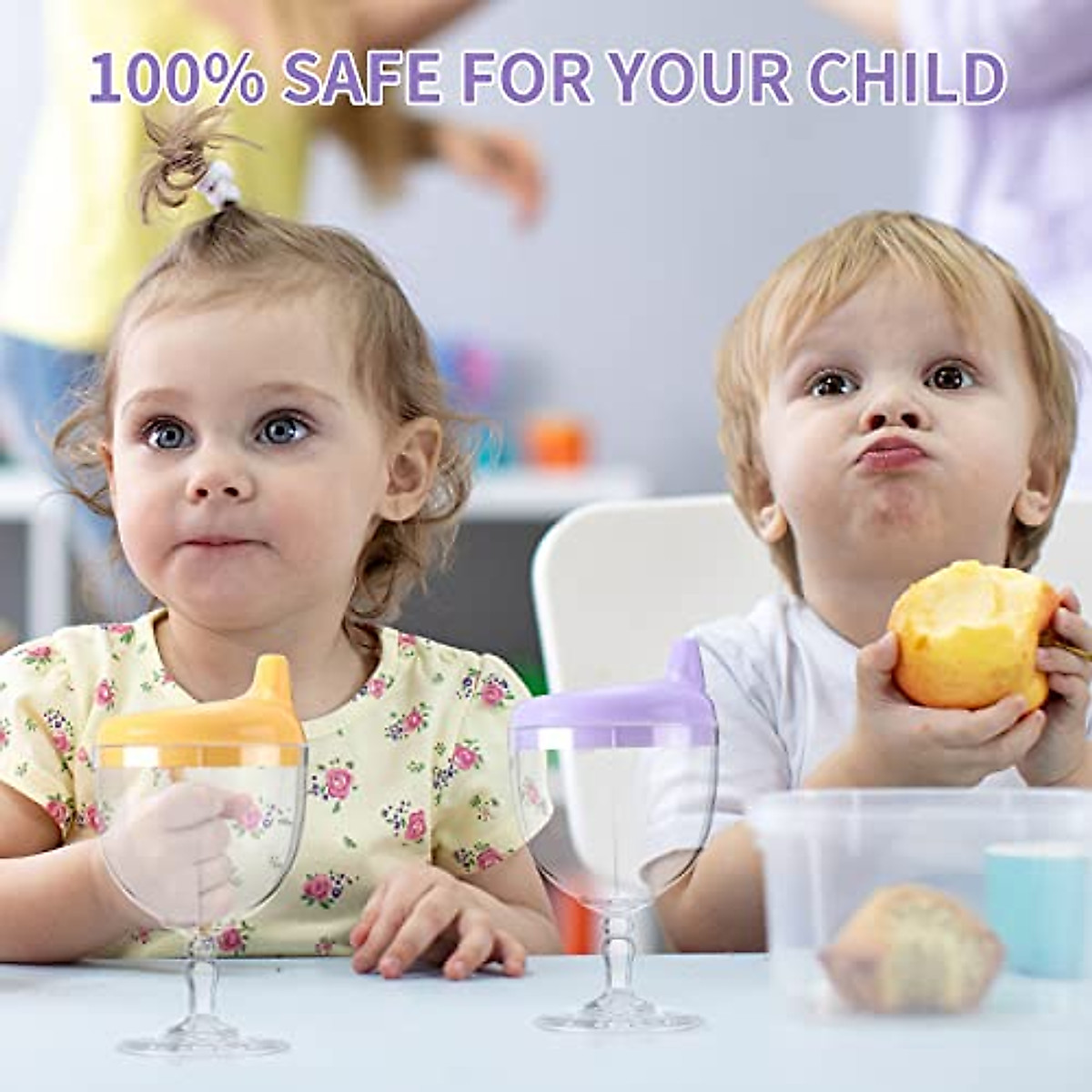 4 Pcs Wine Sippy Cup Goblet Plastic Wine Glass Sippy Cup Beverage Mug with Lid Milk Bottles for Toddlers over 8 Months for Baby Kids Birthday Christmas Party Celebration, Blue, Pink, Yellow, Purple