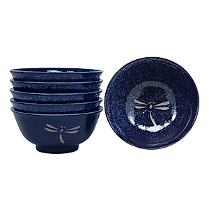 Ebros Gift Made in Japan Blue Tombo Dragonfly Design Ochawan Rice Soup Porcelain Bowls Set of 6 Home Decor Japanese Zen Fusion Asian Living Accent Housewarming Birthday Gifts Bowl Set