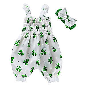 sshybmne Infant Baby Girl St. Patrick 's Day Outfit Four-Leaf Clover Romper Jumpsuit with Headband Irish Baby Girl Clothes (White Green, 0-6 Months)
