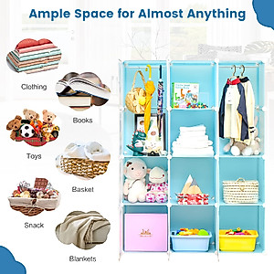 INFANS Children Wardrobe, Kid Closet Portable Baby Dresser Cute for Kids Bedroom Nursery Armoire with Doors 12 Cube 2 Hanging Sections, Kid Clothes Storage Organizer (Blue, 12 Cubes)