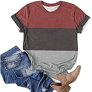 Womens Color Block Crewneck Shirts Short Sleeve Casual Tops Tee Comfy Summer Ombre T-Shirts Trendy Blouses Outfits 2023
