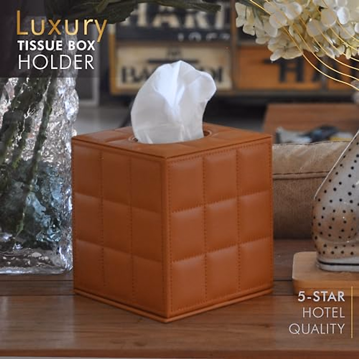Luxury 5 Star Hotel Style Tissue Box Cover - Sturdy and Stylish Tissue Box Holder with a Custom Height and Modern PU Leather Exterior, 13.5x13.5x15cm - Light Brown