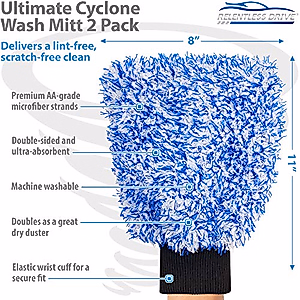 Relentless Drive Cyclone Car Wash Mitt & Works as Car Wash Sponge, Microfiber Wash Mitt Scratch Free, Ultra Absorbent Microfiber Mitt for Cars, Trucks, SUV, Boat & Motorcycle (2 Pack, Large Glove)