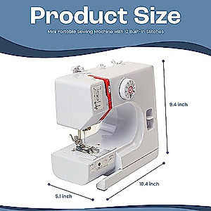 WALLECOM Portable Sewing Machine for Beginners and Kids with 12 Stitch Applications, Dual Speed, and Reverse Stitch- Small Sewing Machine with Foot Pedal, Easy to Use Electric Mini Sewing Machine