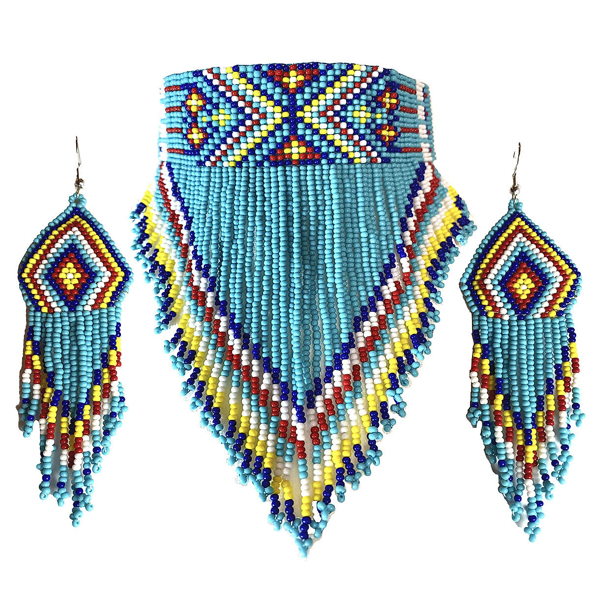 Native Style Seed Beads Beaded Choker Bib Statement Necklace (Blue)