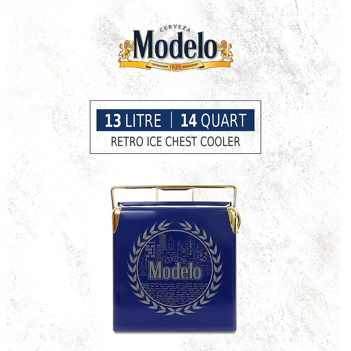 Modelo Retro Ice Chest Cooler with Bottle Opener 13L (14 qt), 18 Can Capacity, Blue and Gold, Vintage Style Ice Bucket for Camping, Beach, Picnic, RV, BBQs, Tailgating, Fishing