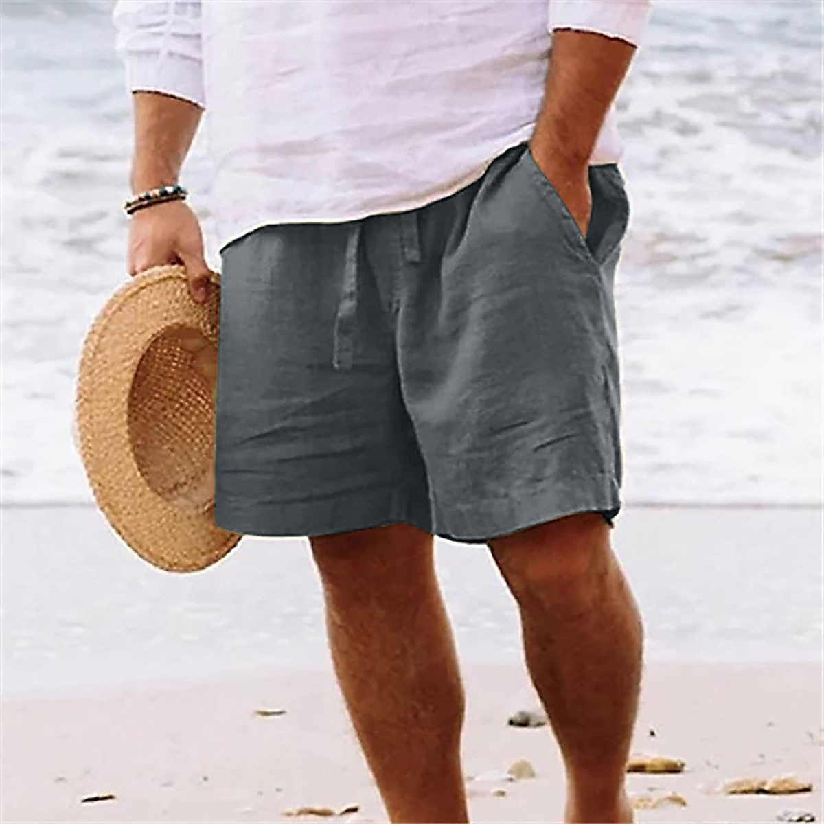 Mens 3XL Shorts Men Linen Shorts Elastic Waist Drawstring Cotton Linen Shorts with Pockets Loose Fit Outdoor Summer Beach Shorts Mens Shorts 7 Inch Inseam Athletic Dark Gray 3X