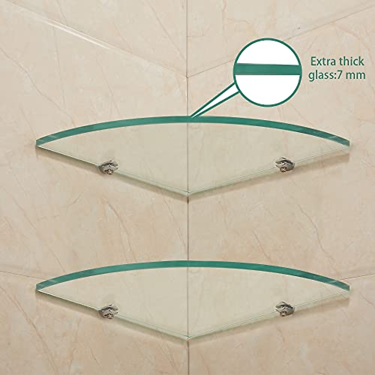 WAKLOND Bathroom Shelves, 2-Tier Bathroom Glass Corner Shelf Wall Mounted ,Tempered Glass Shelf for Storing Seasoning Bottle/Brush/Shower Gel/Soap/Shampoo