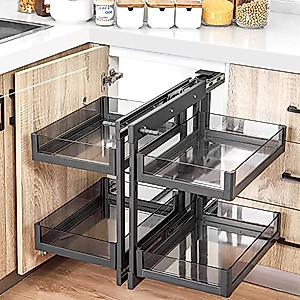 Blind Corner Cabinet Pull Out Organizer with 4-Shelf Glass Basket Corner Stainless Steel Damping Guide Rail Cabinet Storage Shelves Spice Rack for Installation on Left or Right Blind Corner Cabinet (