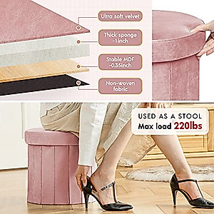 Phantoscope Storage Ottoman Round15 Inch, Velvet Folding Storage Boxes Footrest Stool Toy Box, Padded Seat for Dorm Living Room Bedroom, Support 220lbs Pink