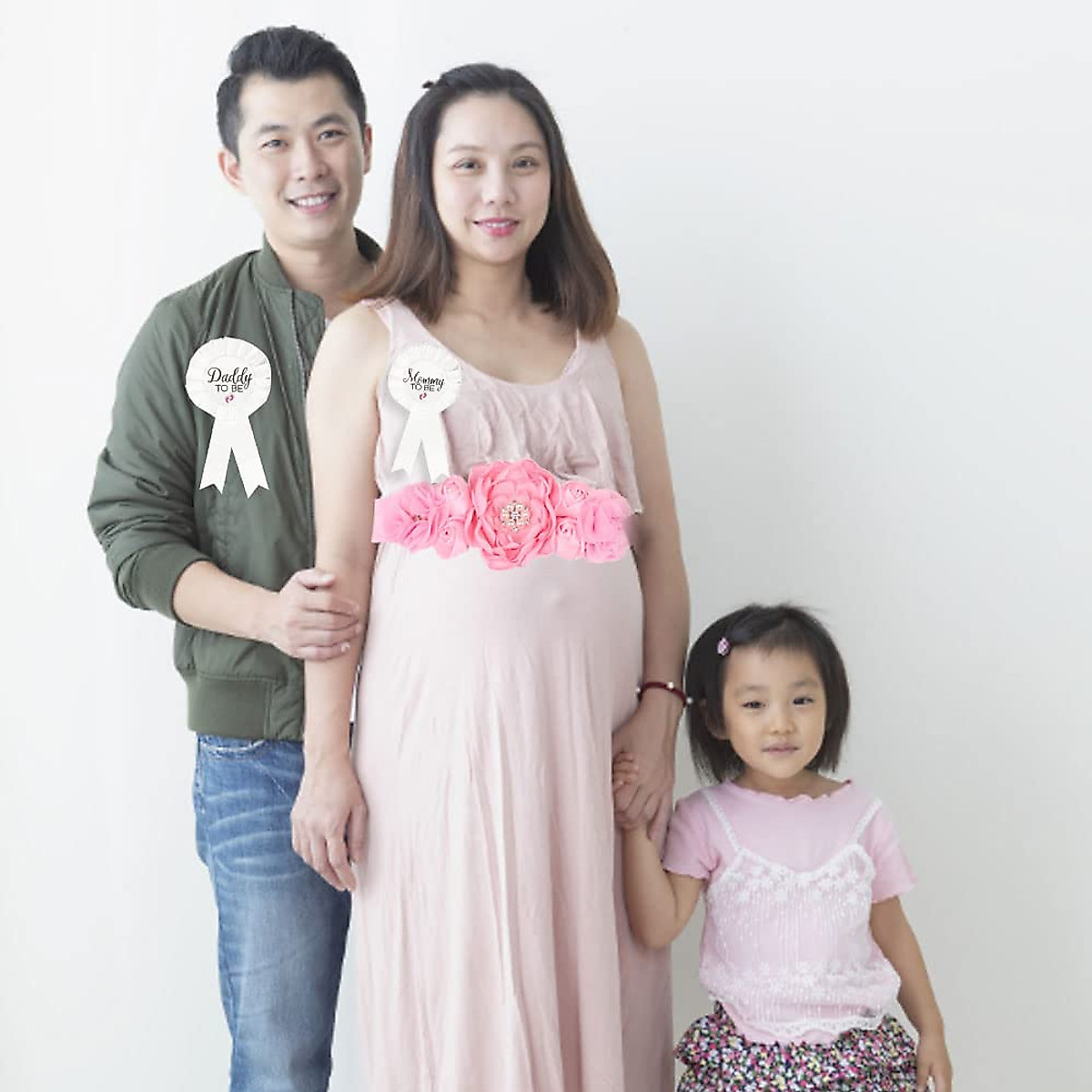 CoolerthingsDG, 3pcs 2 badges white and a Belly Belt Pink, Baby Pink Maternity Sash & Daddy to Be Corsage Set - Baby Shower Sash Baby Girl Pregnancy Sash Keepsake Baby Shower Flower Belly Belt