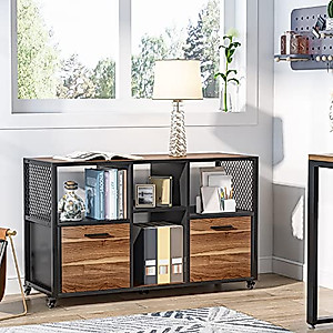 Tribesigns 2 Drawer Wood File Cabinets, Modern Mobile Lateral Filing Cabinet for Letter/ A4 Size, Printer Stand with Open Storage Shelves and Drawer for Home Office, Rustic Walnut