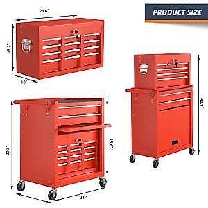 8-Drawer Rolling Tool Chest & Removable Tool Box with Locking System, Tool Box Organizer with 4 Wheels&Hooks, Large Capacity Garage Storage Cabinet for Warehouse and Repair Shop(Red)
