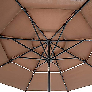 outdoor basic 10Ft 3 Tiers Vented Patio Umbrella Market Table Umbrella with Lights and Crank Handle with Auto-tilt Mechanism Coffee