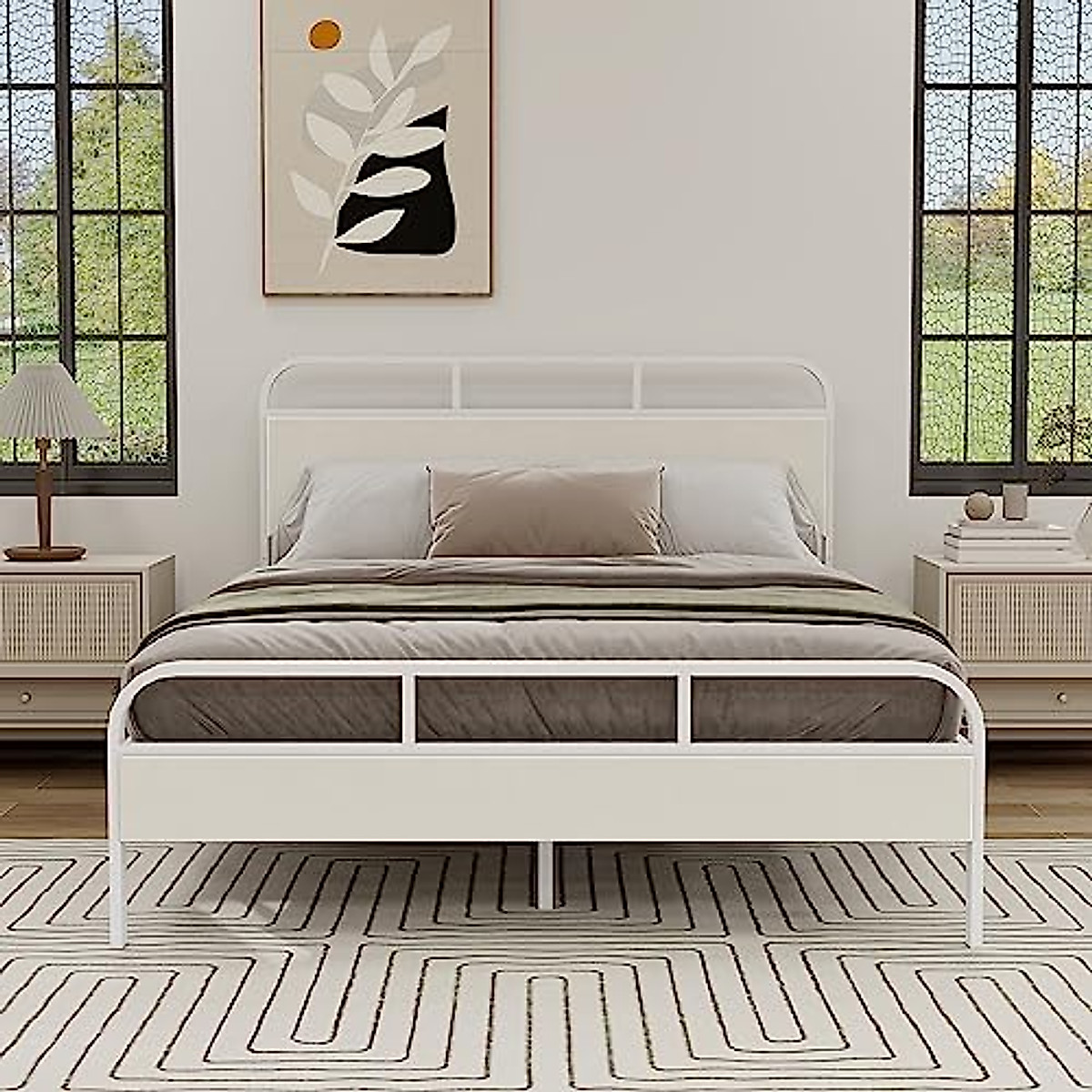 alazyhome Modern Queen Size Bed Frame, Metal Platform Bed with Velvet Upholstered Headboard, Steel Slats Support, Noise Free, Under-Bed Storage, Easy Assembly, White