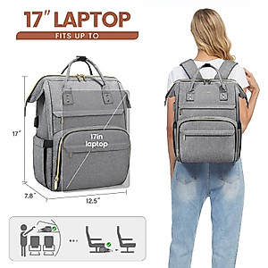 LOVEVOOK Laptop Backpack for Women,17 Inch Professional Womens Travel Backpack Purse Computer Laptop Bag Nurse Teacher Backpack,Waterproof College Work Bags Carry on Back Pack with USB Port,Grey