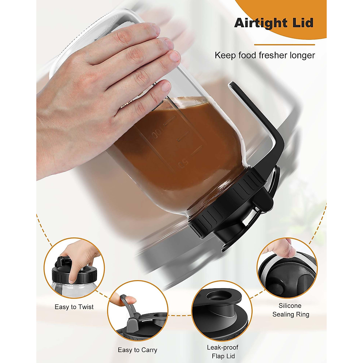 64 oz Mason Jar Pour Spout, 2 Quart Glass Water Pitcher with Lid, Airtight Seal for Great for Iced Tea,Juice,Milk,Coffee,Sun Lemonade, Set of 1(Black)