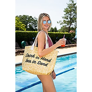 Funky Junque Beach Bag - DRINKS IN HAND TOES IN SAND (Natural)