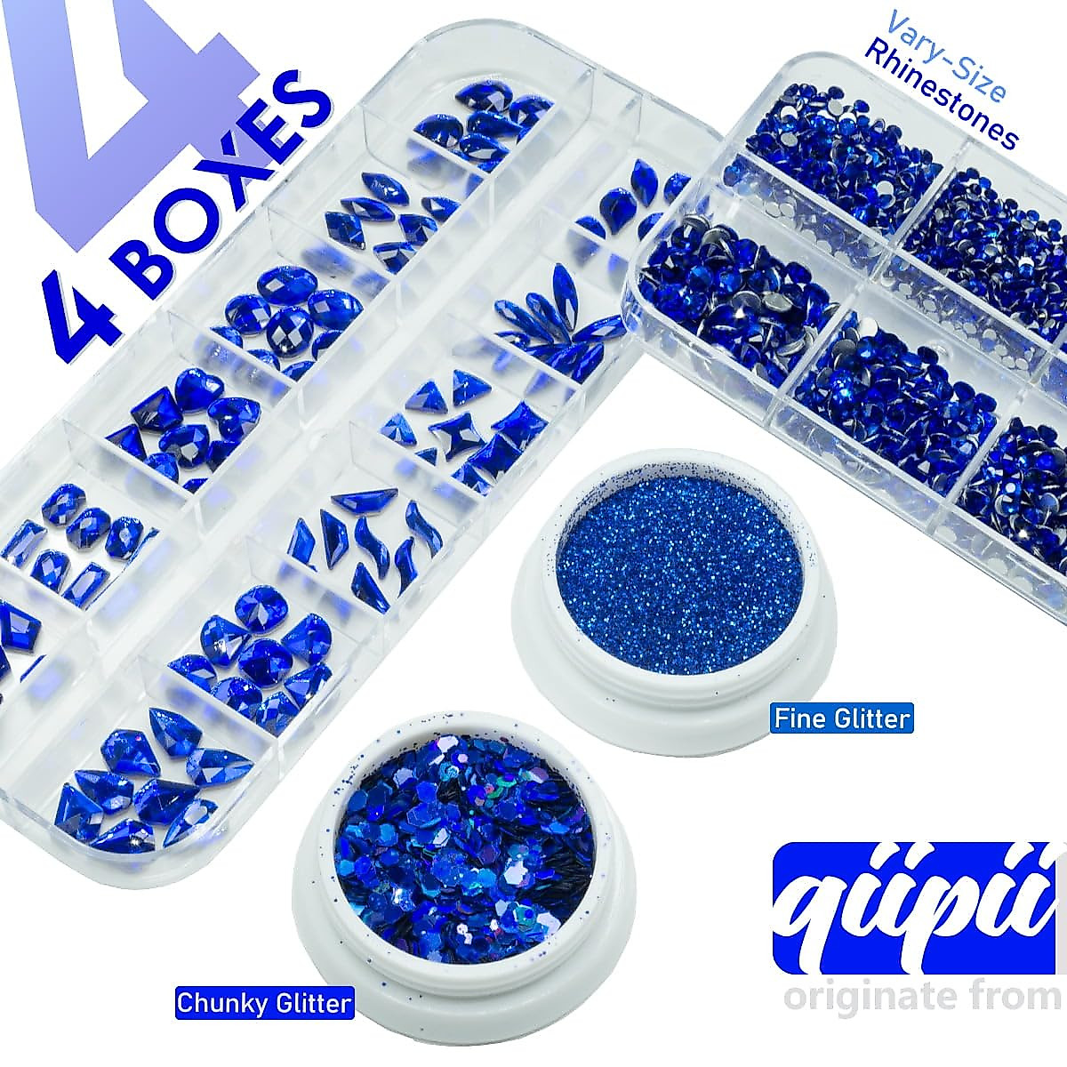 4 Boxes Blue Nail Rhinestones Glitters Kit, 24 Shapes K9 Glass Royal Blue Gems Flatback Round Gems Stones Diamonds Crystals Sapphire Nail Art Supplies Nail Charms for Acrylic Nails Faces Body Crafts