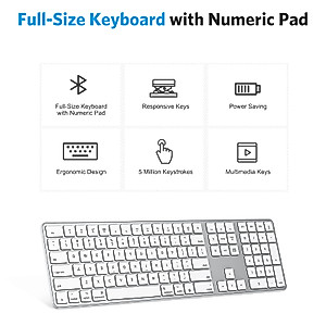 OMOTON Bluetooth Keyboard for Mac, Wireless Keyboard with Numeric Keypad, Multi-Device, Rechargeable, Compatible with MacBook Pro/Air, iMac, iMac Pro, Mac Mini, Mac Pro Laptop and PC (Silver)