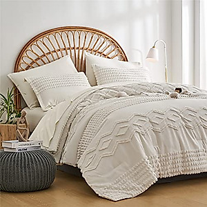 KAKIJUMN White Tufted Comforter Set King Size 7 Piece Bed in a Bag, Shabby Chic Boho Comforter and Sheet Set, Pom Pom Textured Bed Set, All Season Soft Microfiber Complete Bedding Set(White,King)