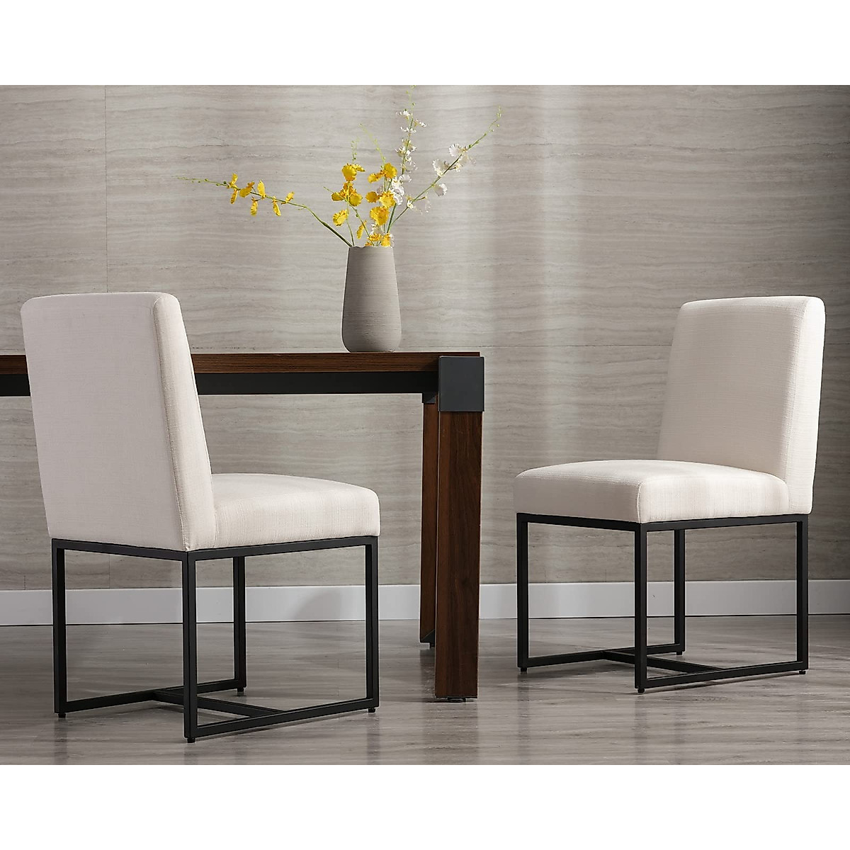 CIMOTA Modern Dining Chair Set of 4, Mid Century Linen Dining Room Chairs Fabric Padded Armless Side Chair with Metal Sled Base for Dining Room/Guest Room, Cream Ivory 4PCS