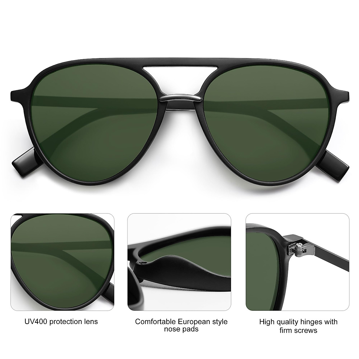 SOJOS Retro Aviator Polarized Sunglasses for Women Men Double Bridge Ladies Shades SJ2078 with Matte Black Frame/Green Lens