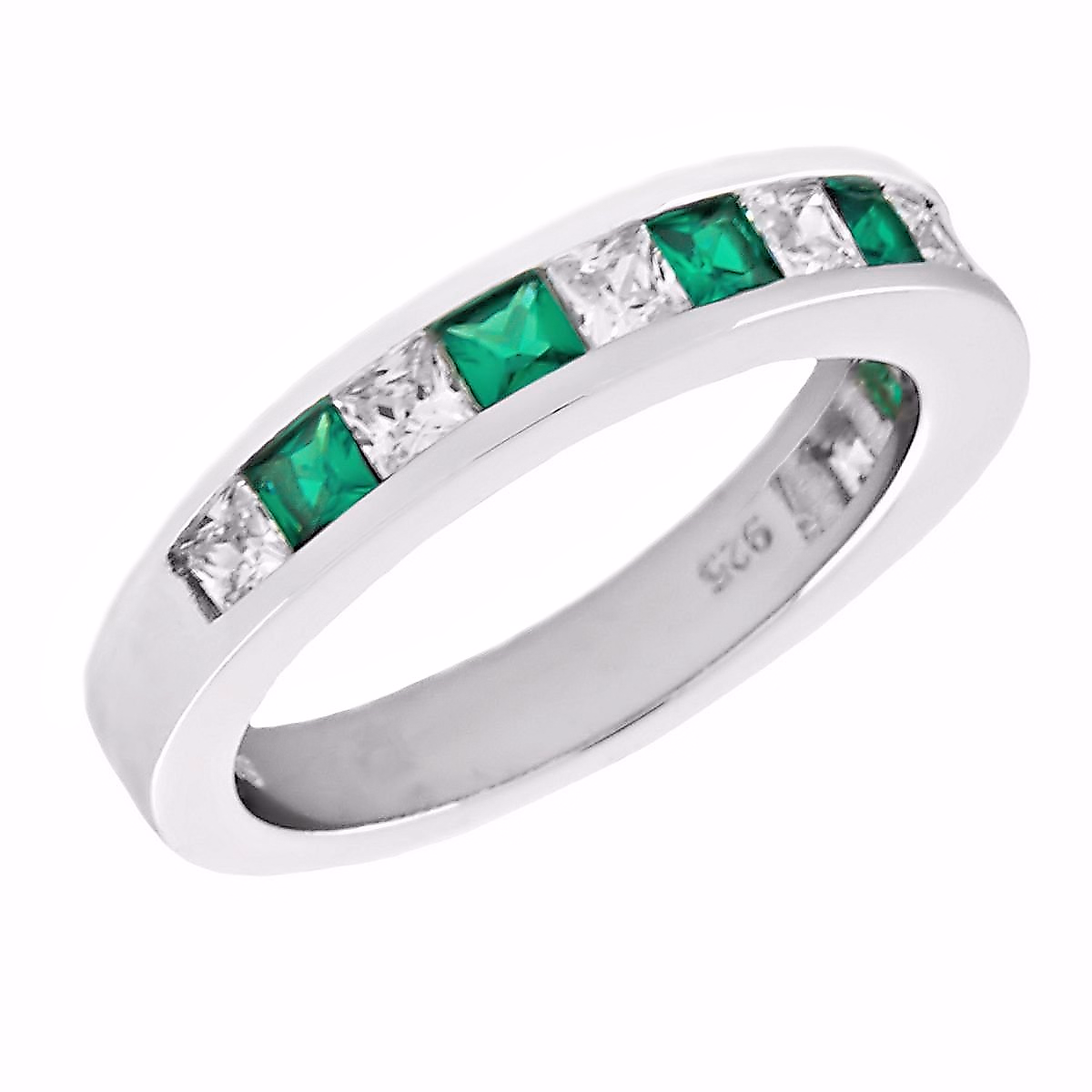 1000 Jewels Olympia B: Princess-cut Simulated Emerald & IOF CZ Semi-Eternity Wedding Band Silver, 30244 sz 7.0