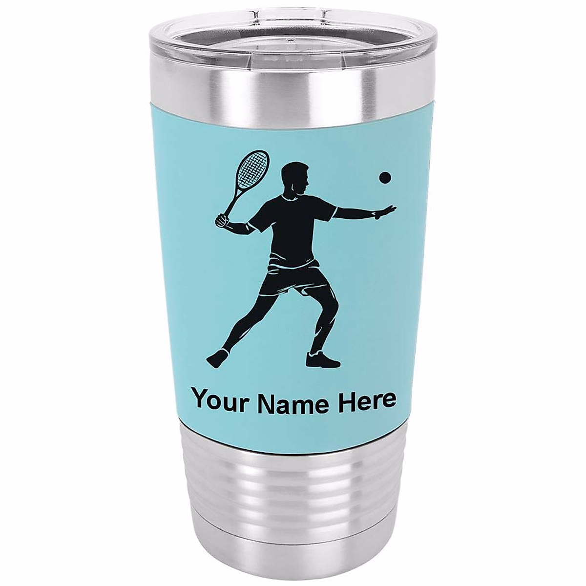 LaserGram 20oz Vacuum Insulated Tumbler Mug, Tennis Player Man, Personalized Engraving Included (Silicone Grip, Teal)