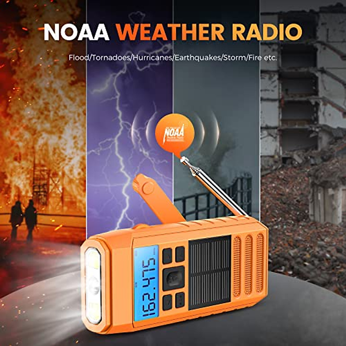 Emergency Weather Radio, 2000mAh Rechargeable Battery, LED Flashlight, Hand Crank Radio with Solar Panel, AM/FM/NOAA Alert, Power Bank/SOS Alarm/LCD Screen/Elastic Strap, Survival Kits/Camping Gear