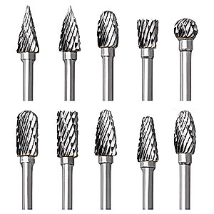 Tungsten Carbide Rotary Burr Set for Dremel, 10PCS Carbide Double Cut Carving Burr Bits with 1/8” Shank Rotary Tool Accessories for Woodworking, Engraving, Drilling, Steel Metal Working