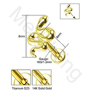 Melighting 14K Gold Helix Earrings Push in Threadless Snake Cartilage Earrings Solid Gold Flat Back Earrings Stud Gold Tragus Piercing Jewelry Labret Jewelry for Women Men