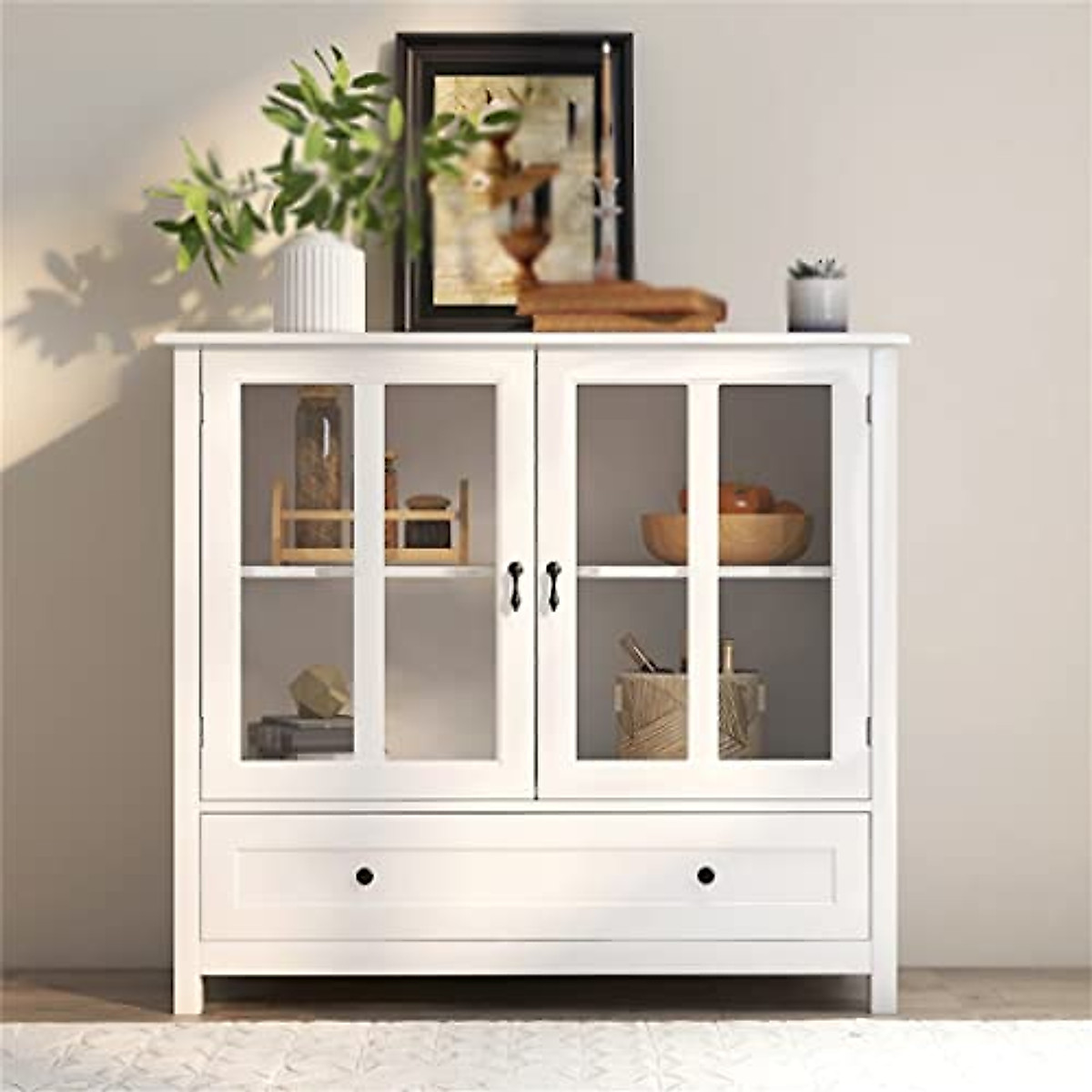 SEASD Storage Cabinet Buffet with 2 Clear Doors and Drawers for Kitchen, Hallway, Living Room, White Dining Room Cabinets.
