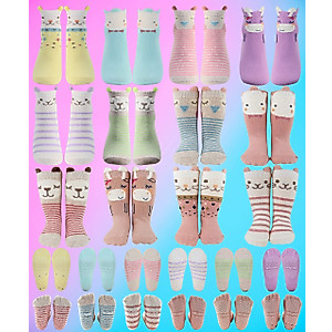 Tiny Captain Baby Toddler Girls Animal Grip Socks Tube Socks Anti-Slip Cartoon Sock (1-3T, Pink and Pastel - 12 Pairs)