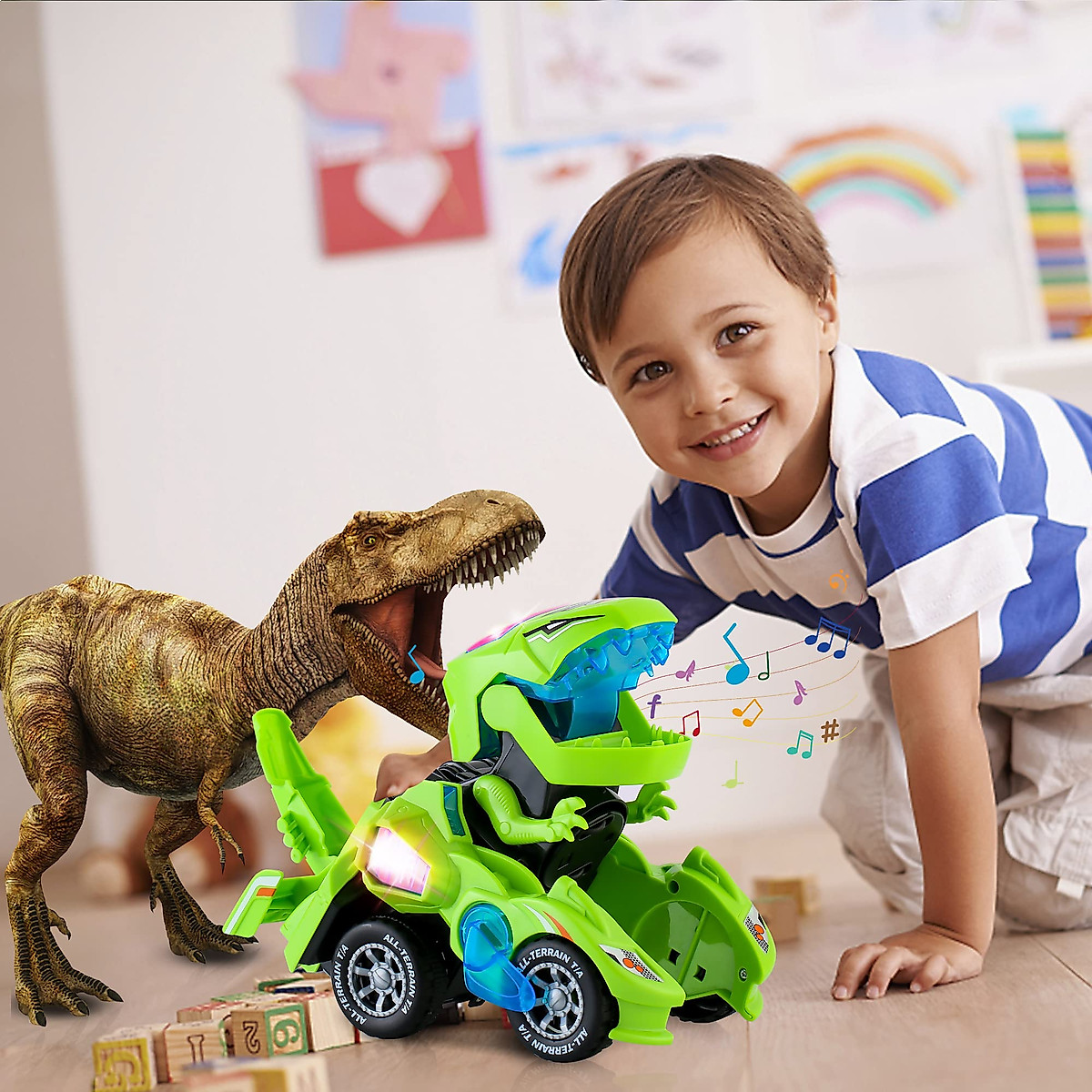 Hirger Transforming Car Dinosaur Toy for Kids 2-5: Dino Transformer Toy Car with Light Music for Toddlers 1-3 | Christmas Birthday Gifts for Boys Age 4-6