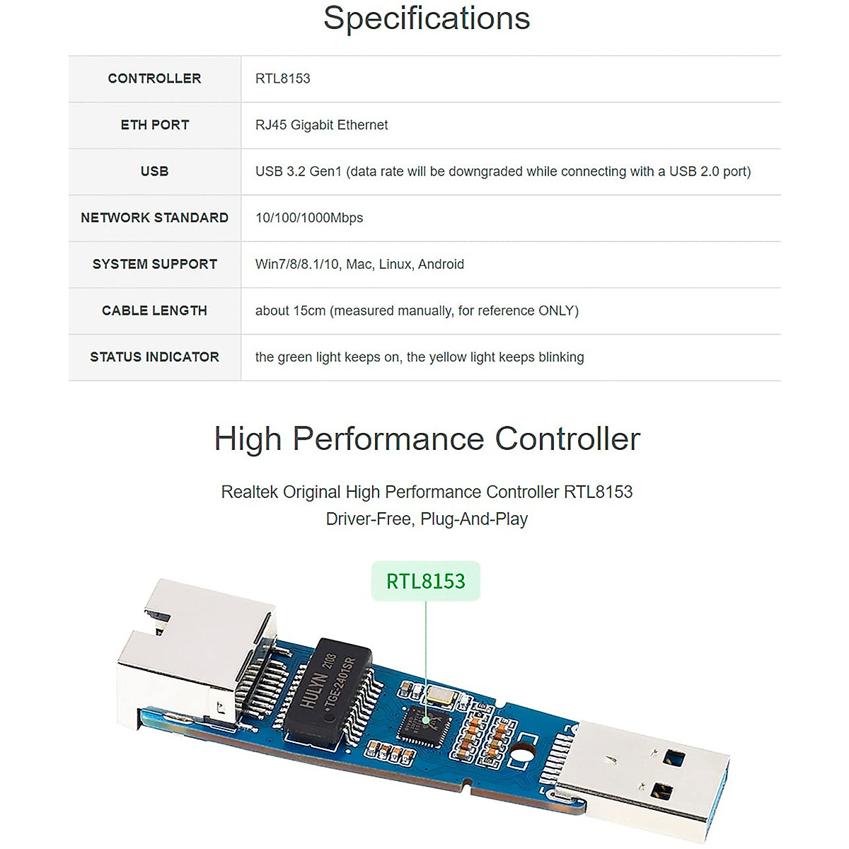 Bicool USB 3.2 Gen1 to Gigabit Ethernet Converter,RTL8153 Controller 101001000Mbps Network Standard, Driver-Free,Plug and Play,Support Multi Systems Win788.110,etc.