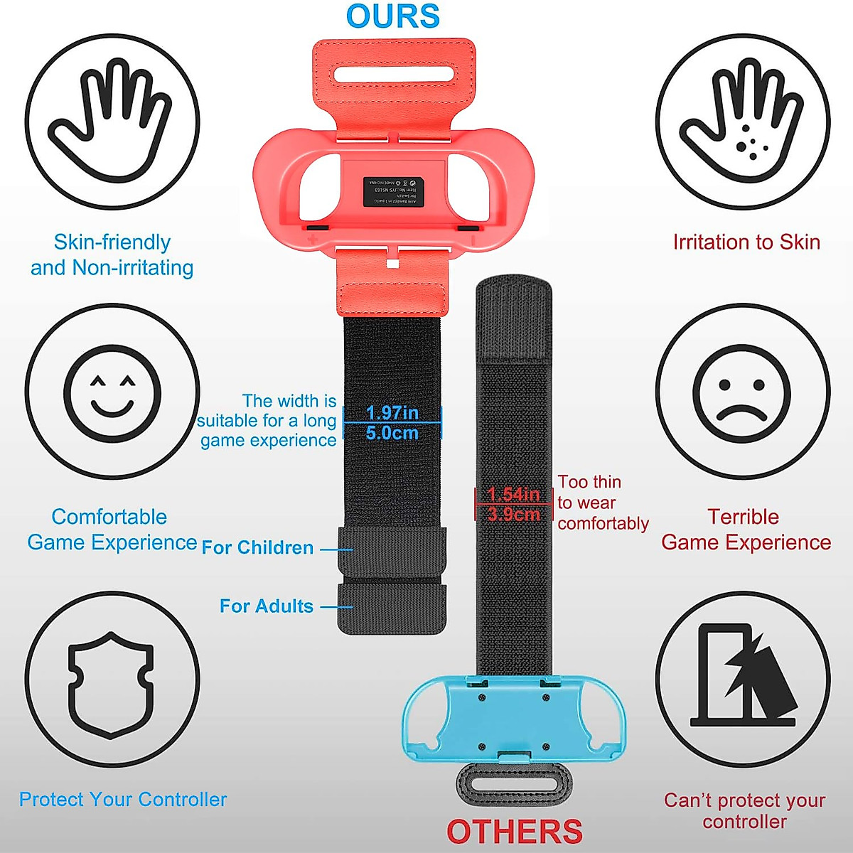 MENEEA Wrist Strap Compatible with Just Dance 2025 2024 2023/for Zumba Burn It Up,Adjustable Wrist Bands for Nintendo Switch & OLED Model for Joy-Cons,Two Size for Adults & Children,2 Pack Red/Blue