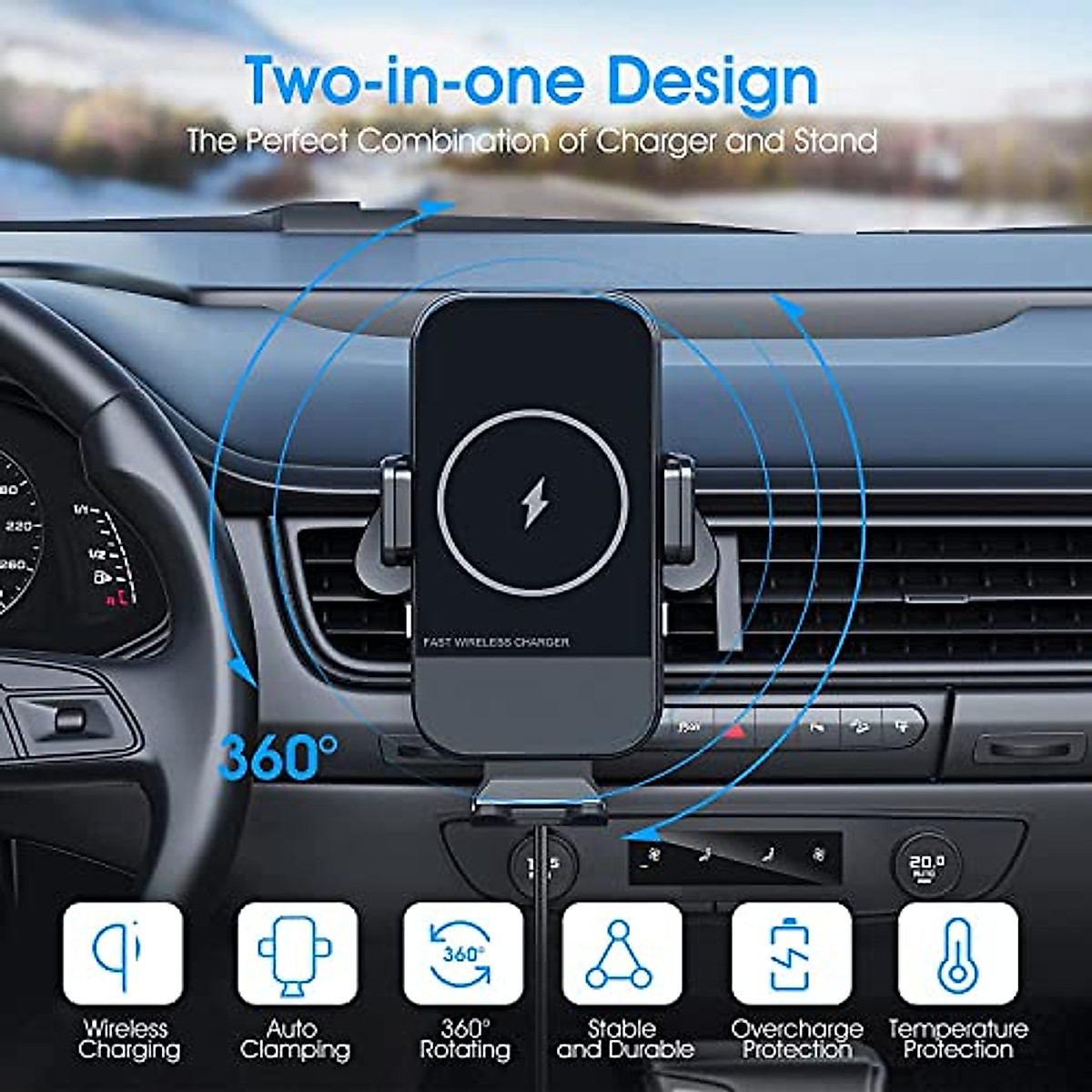 Wireless Car Charger,HYUNDAI 15W Qi Fast Charging Auto Clamping Car Charger Phone Mount for Car Air Vent Compatible with iPhone 13/12/11/X, Samsung Galaxy S22+/S21/S10/Note 20 etc