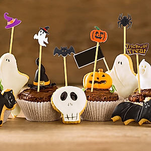Halloween Cocktail Picks Pumpkin Spider Hat Ghost Letters Bamboo ToothPicks Appetizer Bamboo Toothpicks for Halloween Cake Food Decoration (100 Pieces)