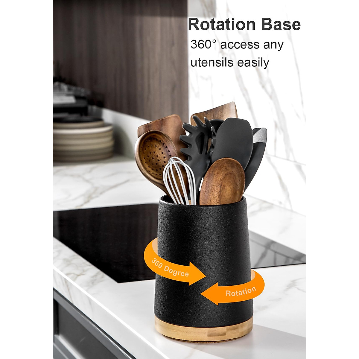 Nucookery 360° Rotating Utensils Holder, 8.2" Extra High Large Ceramic Kitchen Utensil Holder with Countertop-Protection Cork Bottom, Farmhouse Kitchen Decor for Counter (Stone Black)